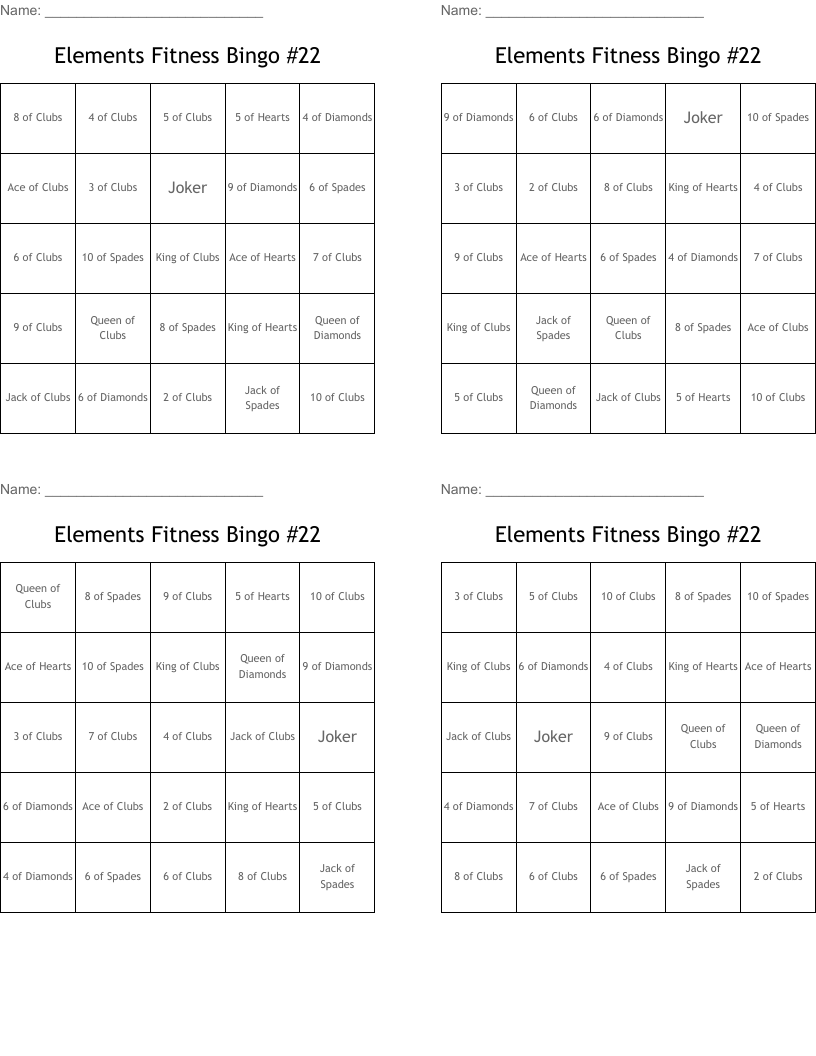 Elements Fitness Bingo #22 - WordMint