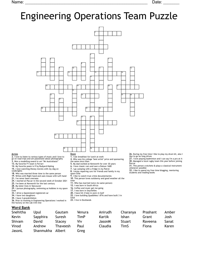Engineering Operations Team Puzzle Crossword - WordMint
