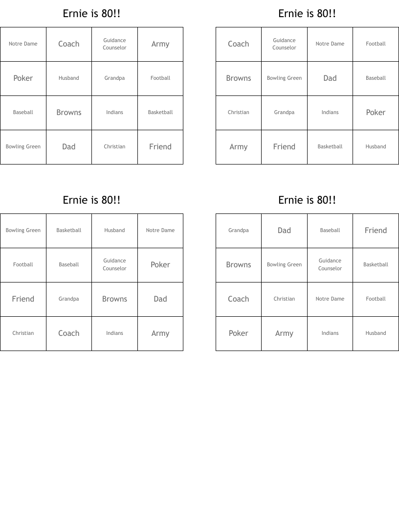 Ernie is 80!! Bingo Cards - WordMint