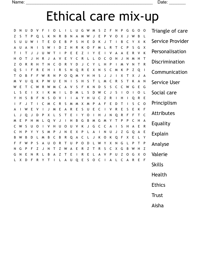 Ethical care mix-up Word Search - WordMint