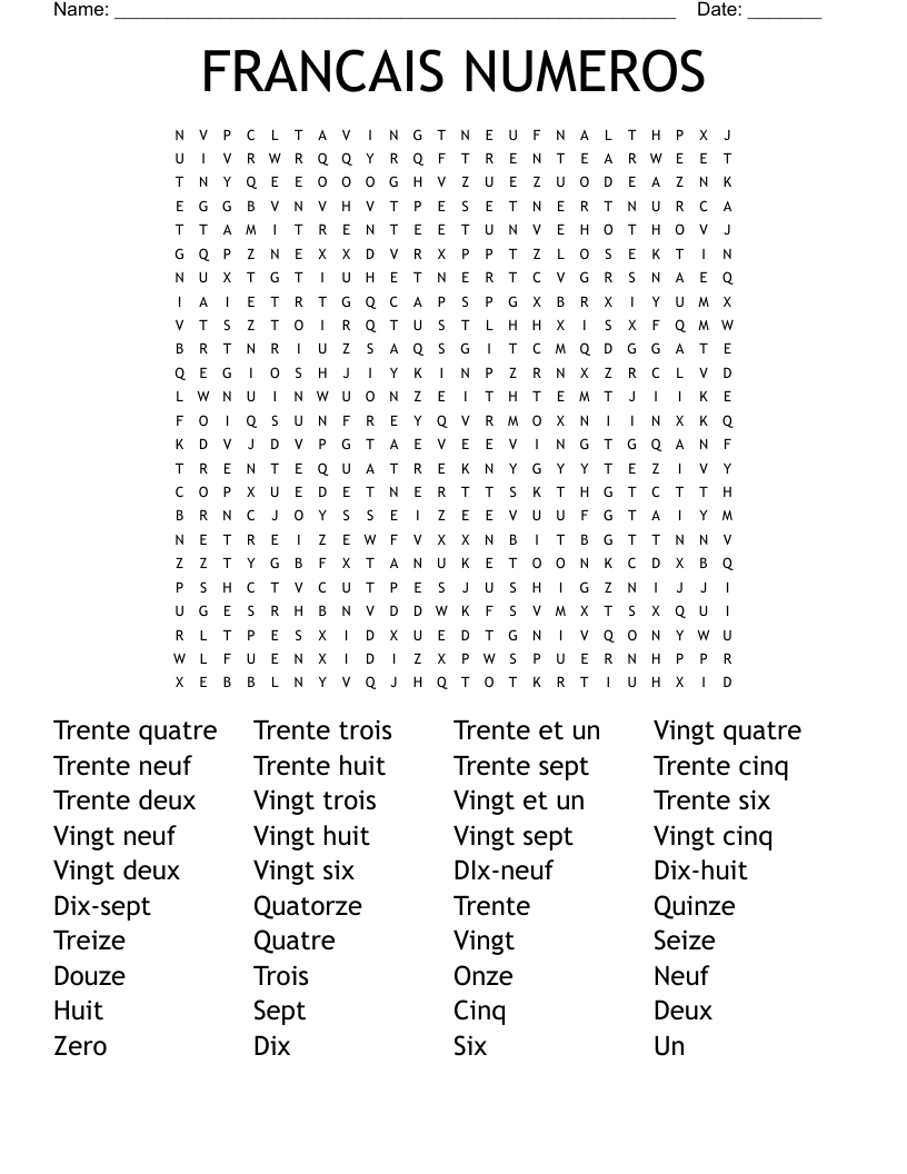 FRANCAIS NUMEROS Word Search - WordMint