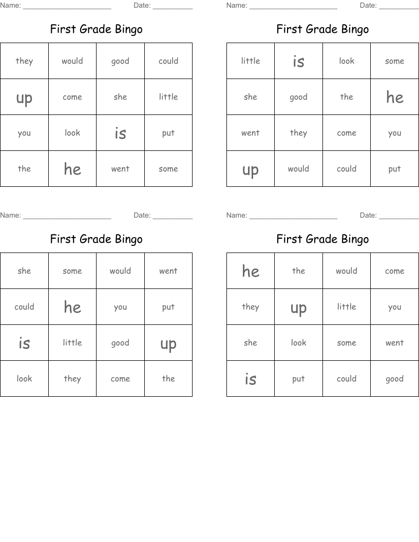First Grade Bingo - WordMint