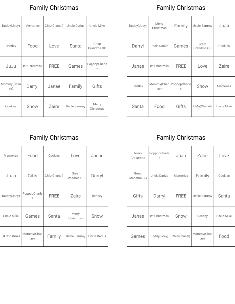 Family Christmas Bingo Cards - WordMint