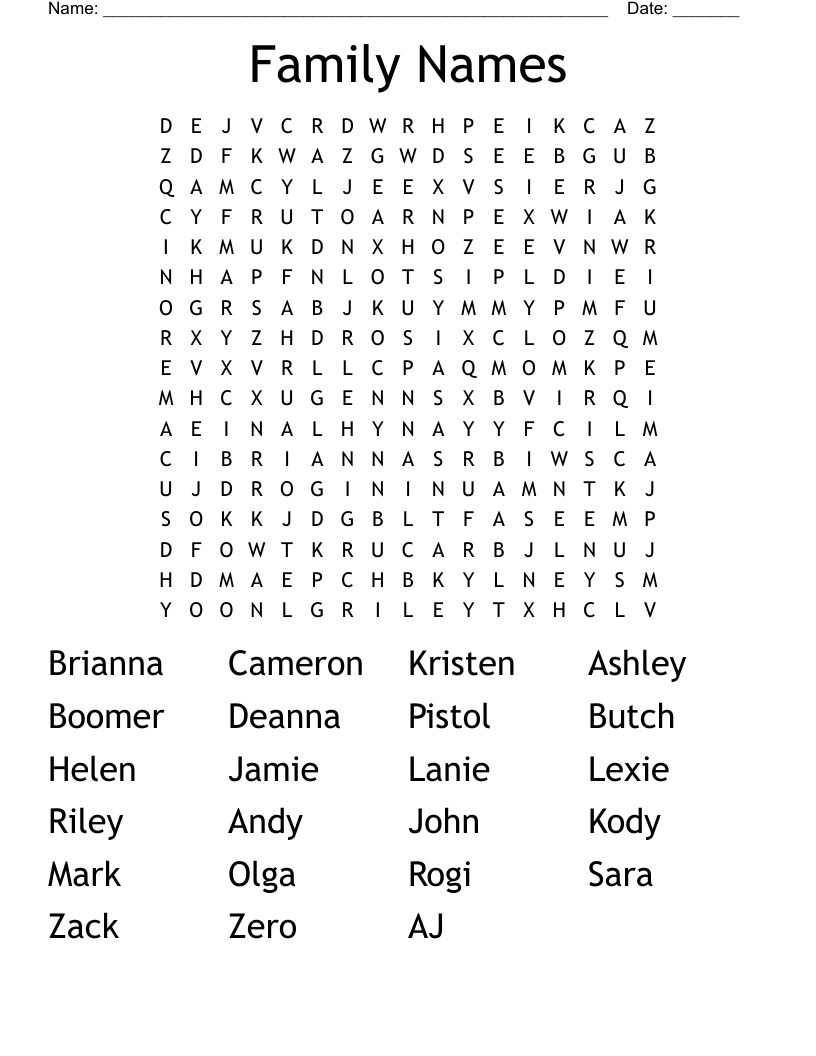 Family Names Word Search - WordMint