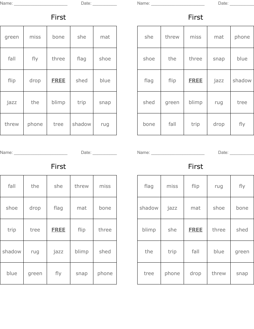 First Bingo Cards - WordMint