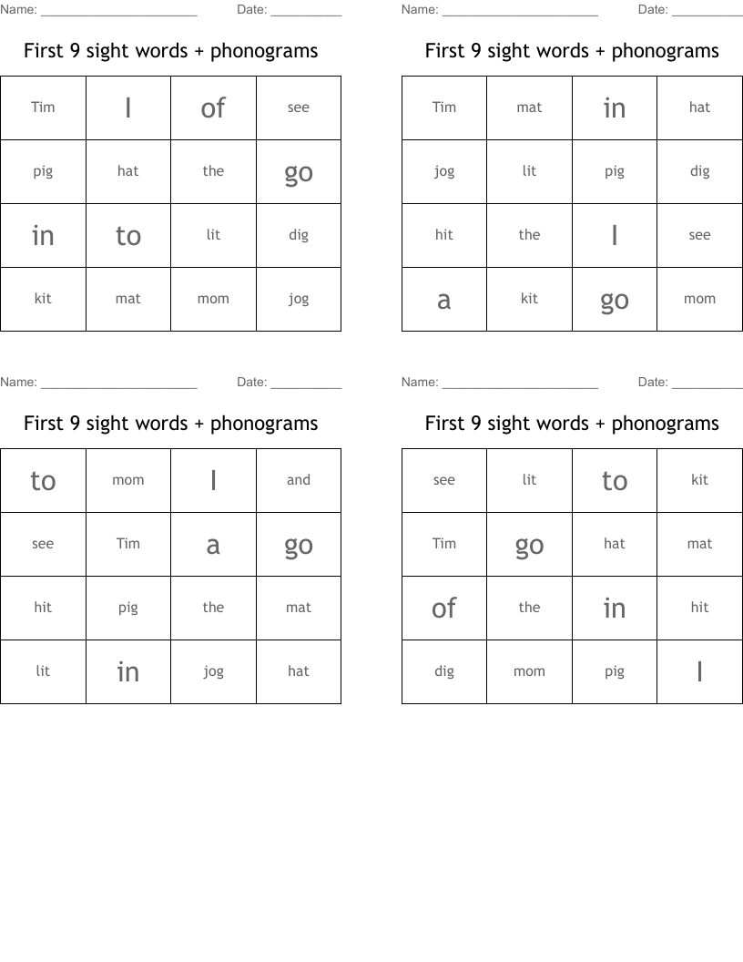 First 9 sight words + phonograms Bingo Cards - WordMint