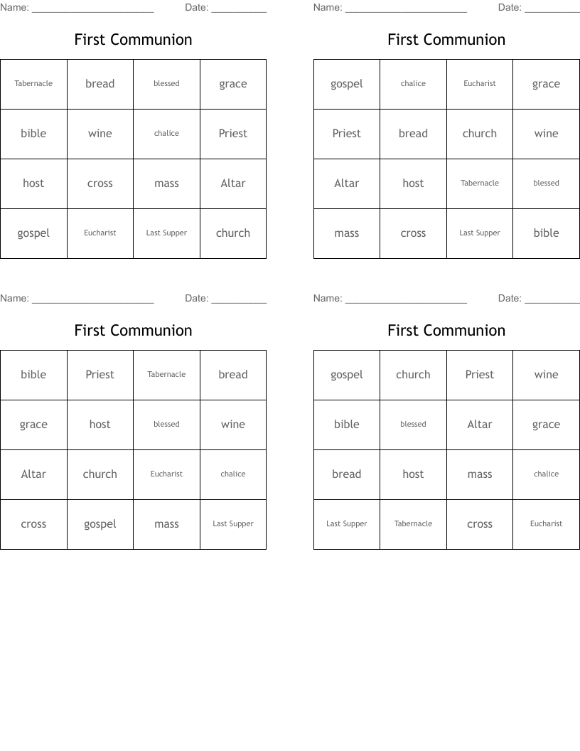 First Communion Bingo Cards - WordMint