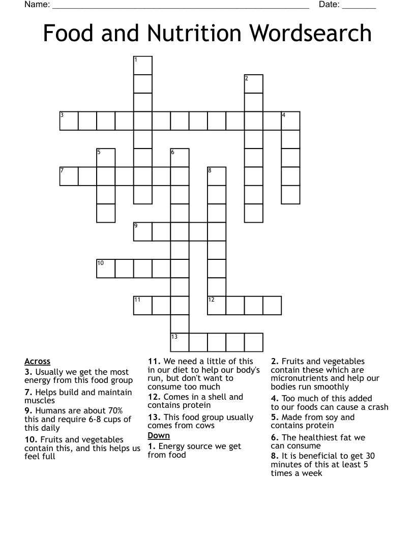 Nutrition Crosswords, Word Searches, Bingo Cards - WordMint