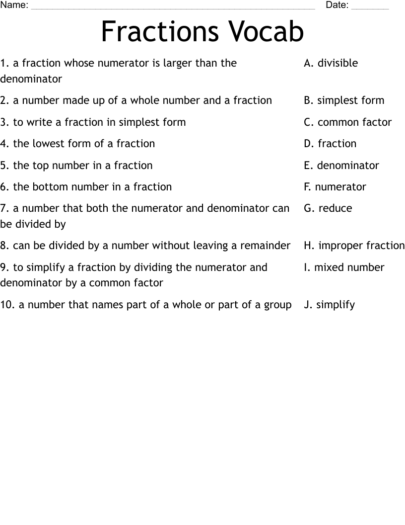 Fractions Vocab Worksheet WordMint