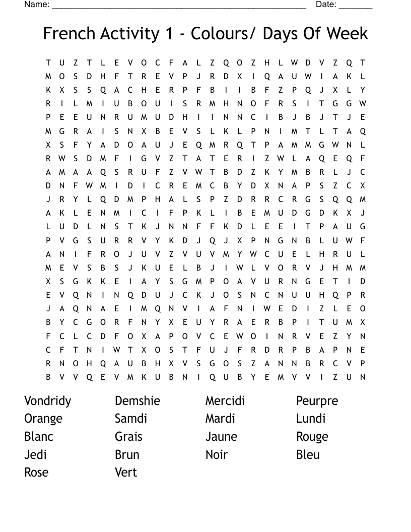 French Activity 1 - Colours/ Days Of Week Word Search - WordMint