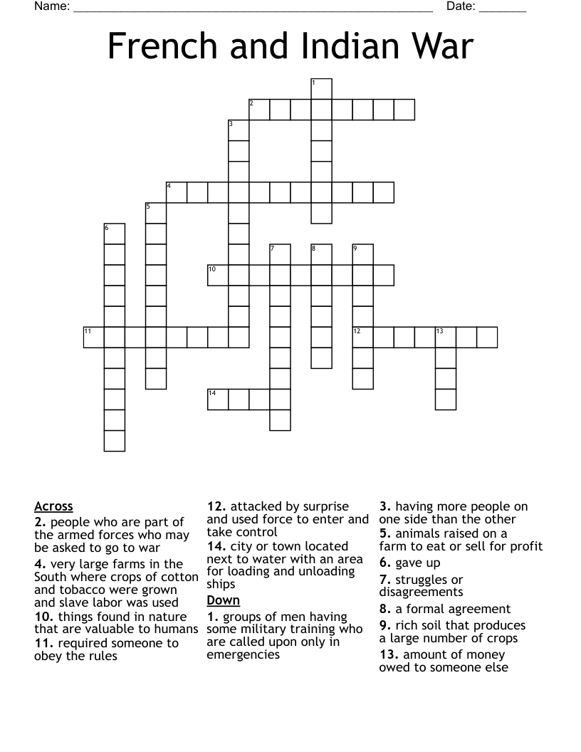 French and Indian War Crossword - WordMint