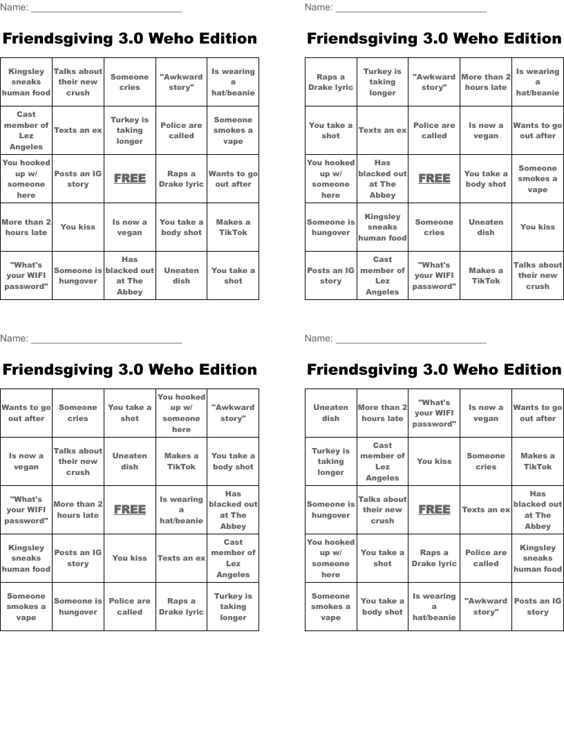 Friendsgiving 3.0 Weho Edition Bingo Cards - WordMint