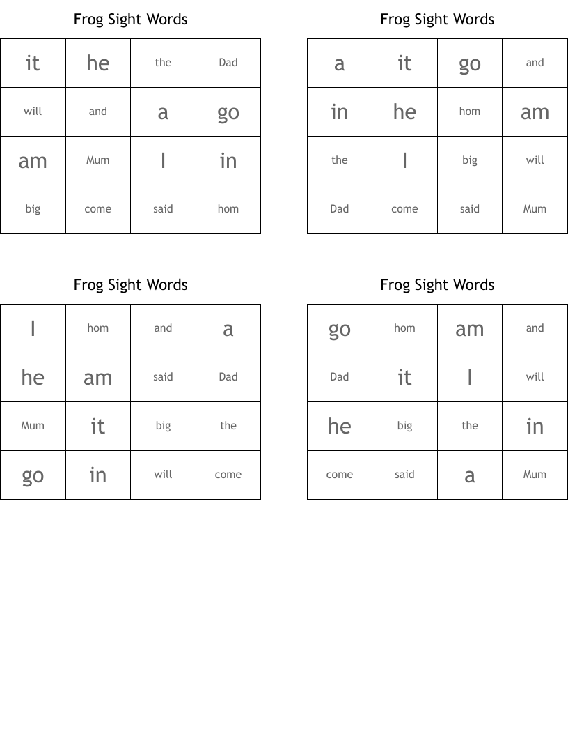Frog Sight Words Bingo Cards - WordMint