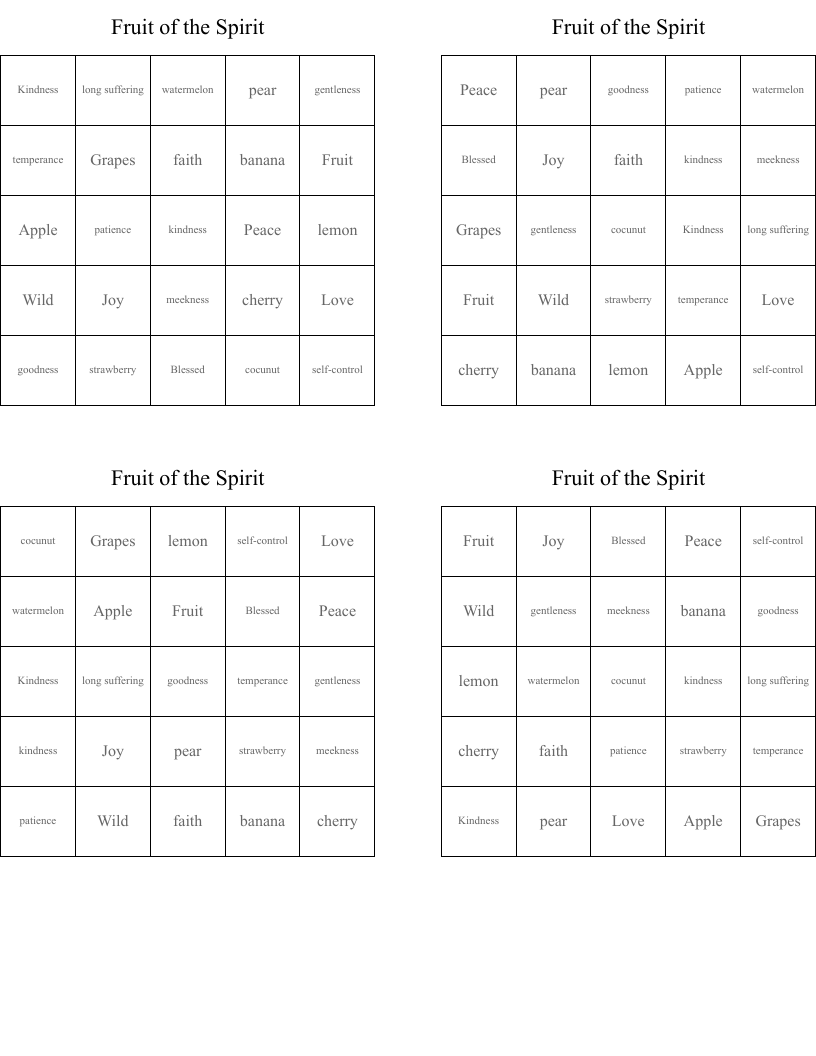 Fruit of the Spirit Bingo Cards - WordMint