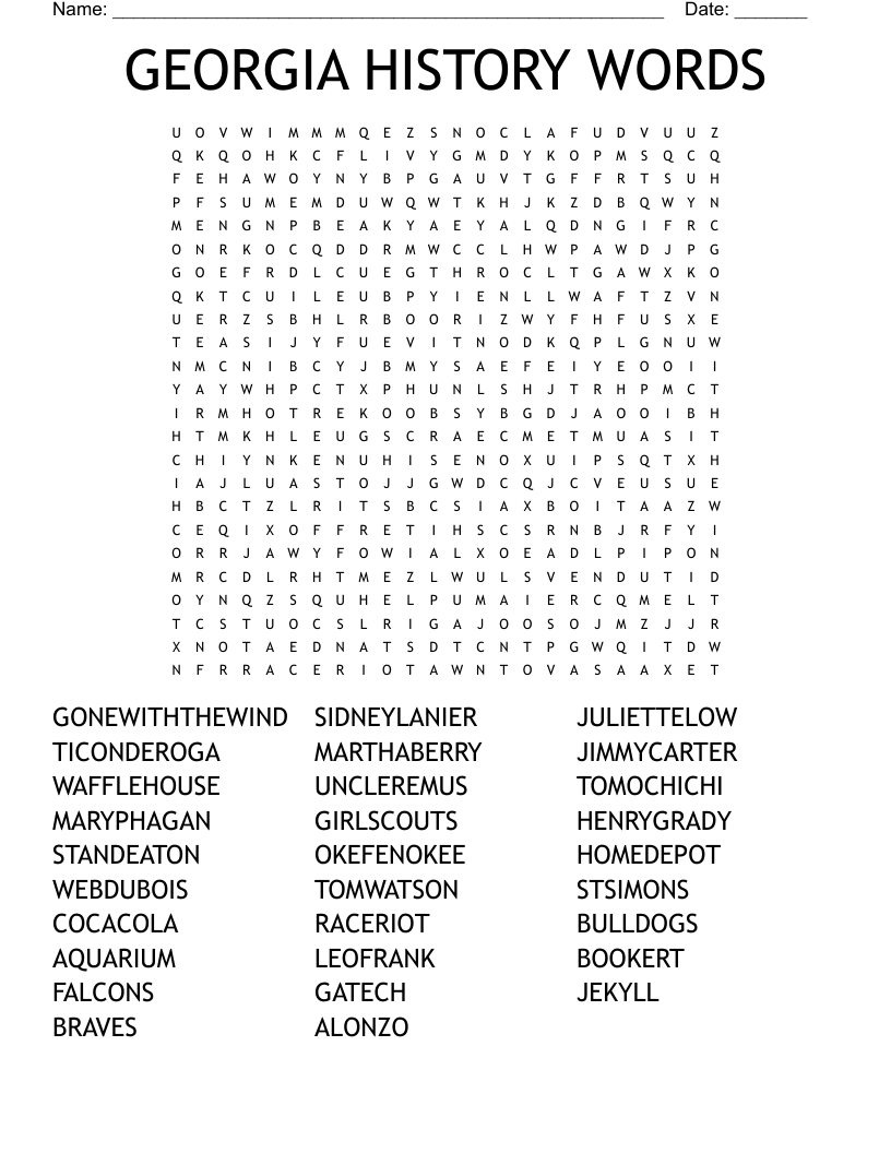 GEORGIA HISTORY WORDS Word Search - WordMint