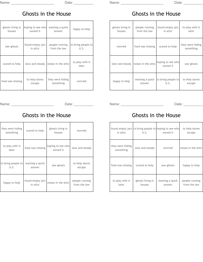 Ghosts in the House Bingo Cards - WordMint
