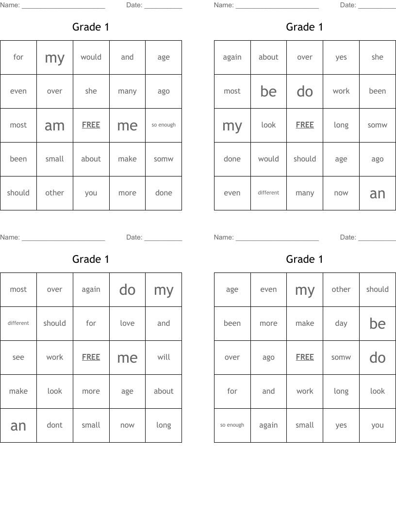 Grade 1 Bingo Cards - WordMint