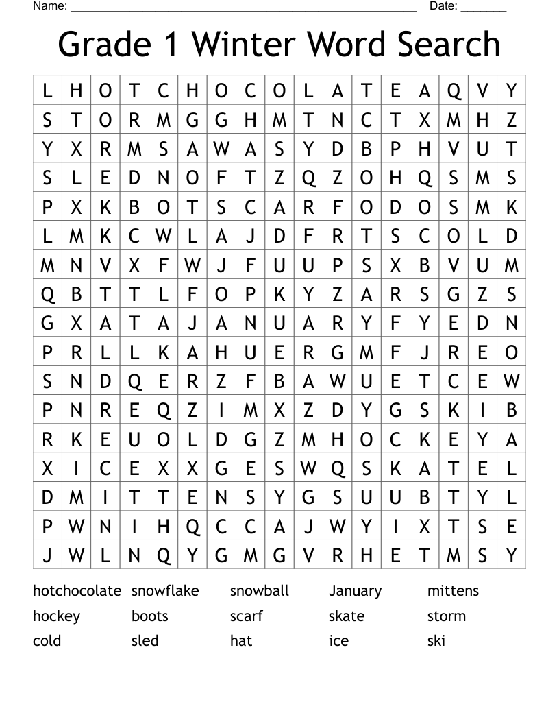 Grade 1 Winter Word Search - WordMint