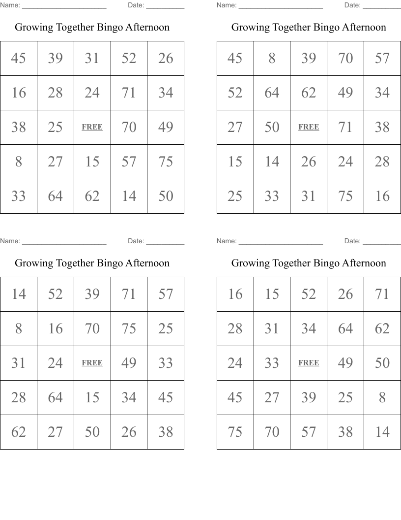 Growing Together Bingo Afternoon - WordMint