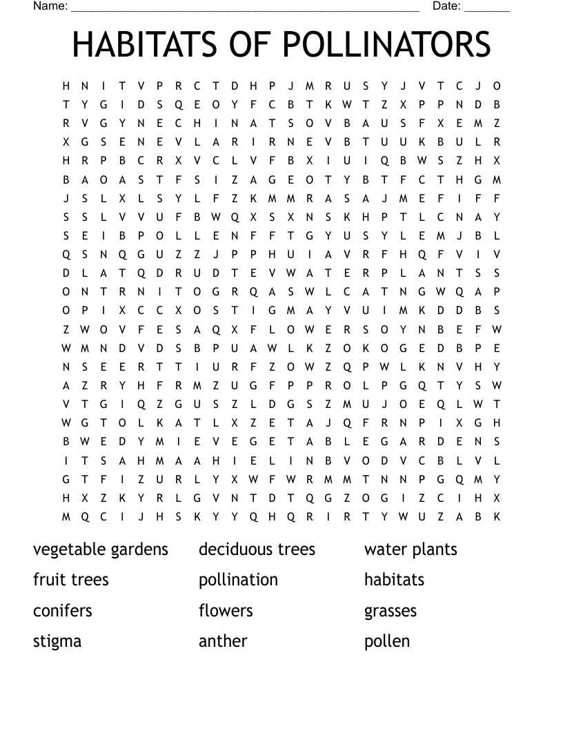 HABITATS OF POLLINATORS Word Search - WordMint
