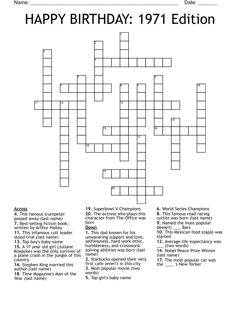 HAPPY BIRTHDAY: 1971 Edition Crossword - WordMint