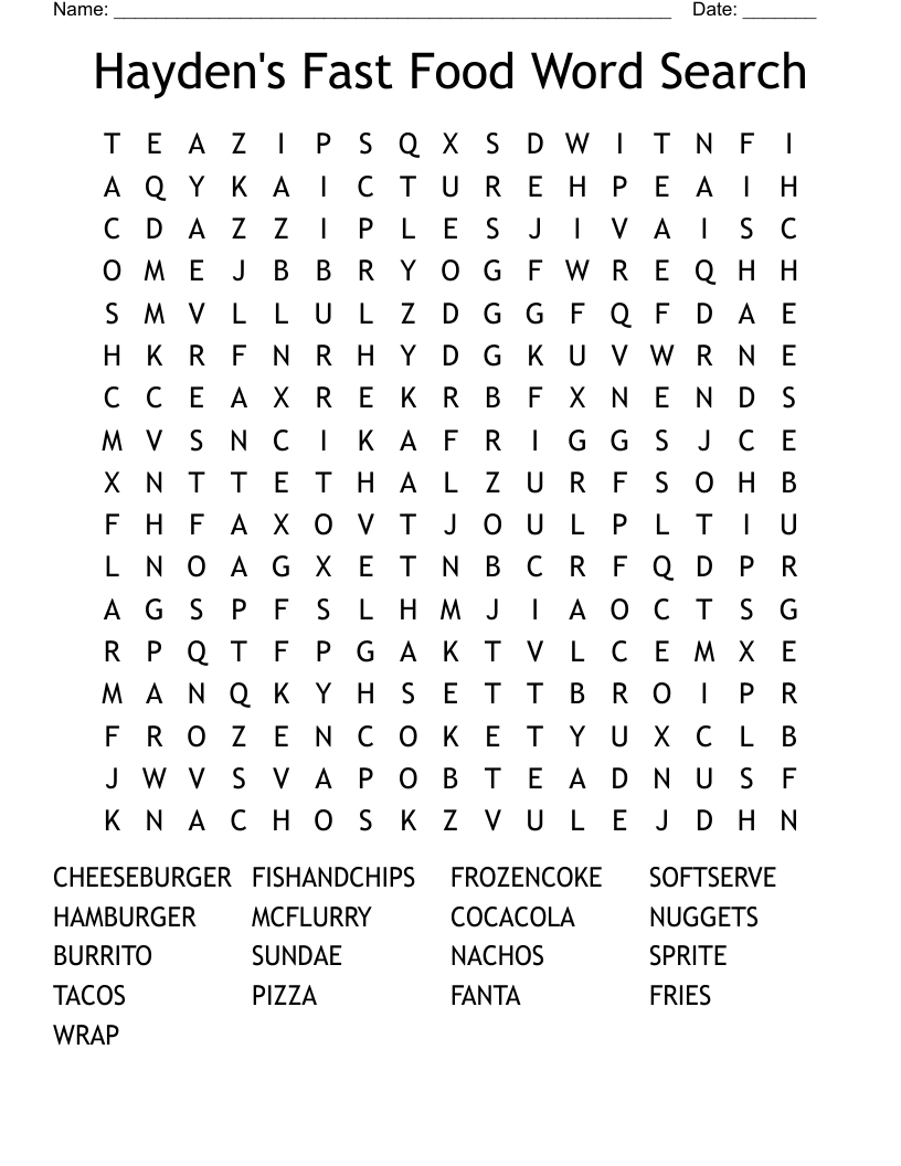 Fast Food Word Search Puzzles WordMint