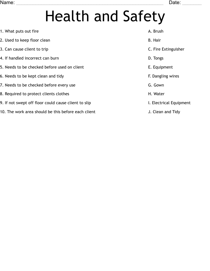 Health and Safety Worksheet - WordMint