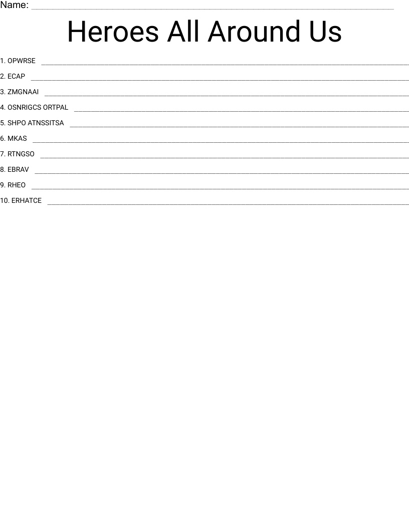 Heroes All Around Us Word Scramble - WordMint