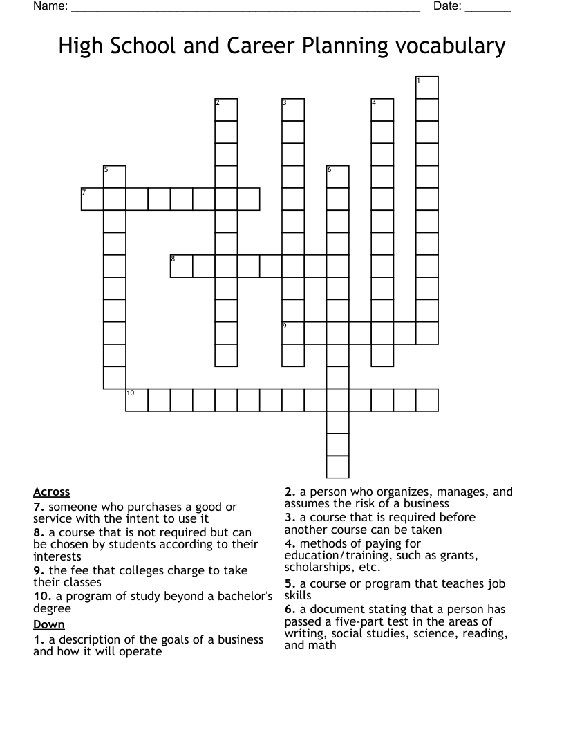 High School and Career Planning vocabulary Crossword - WordMint