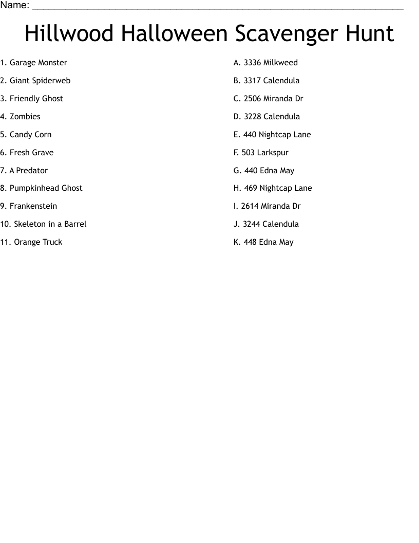 Hillwood Halloween Scavenger Hunt Worksheet - WordMint