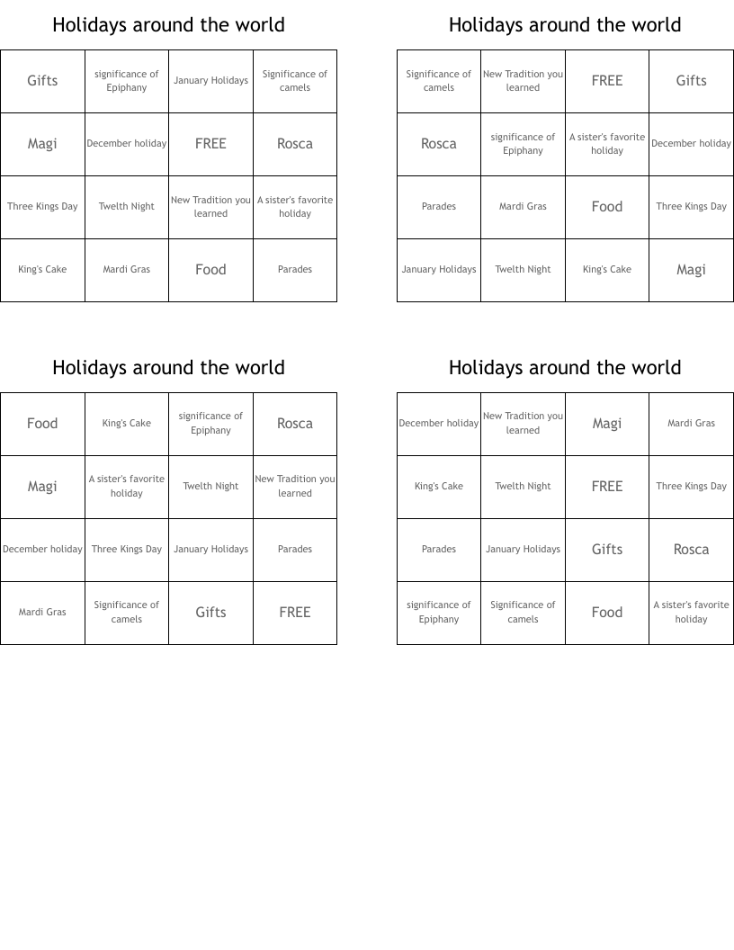 Holidays around the world Bingo Cards - WordMint