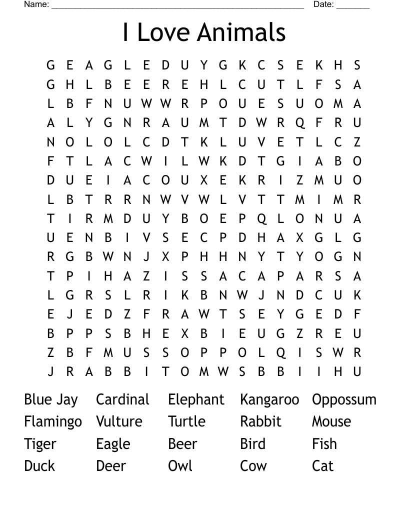 I Love Animals Word Search - WordMint