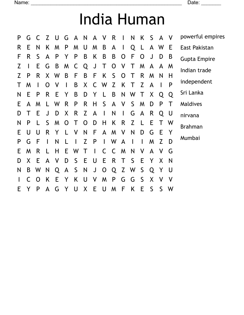 India Human Word Search - WordMint