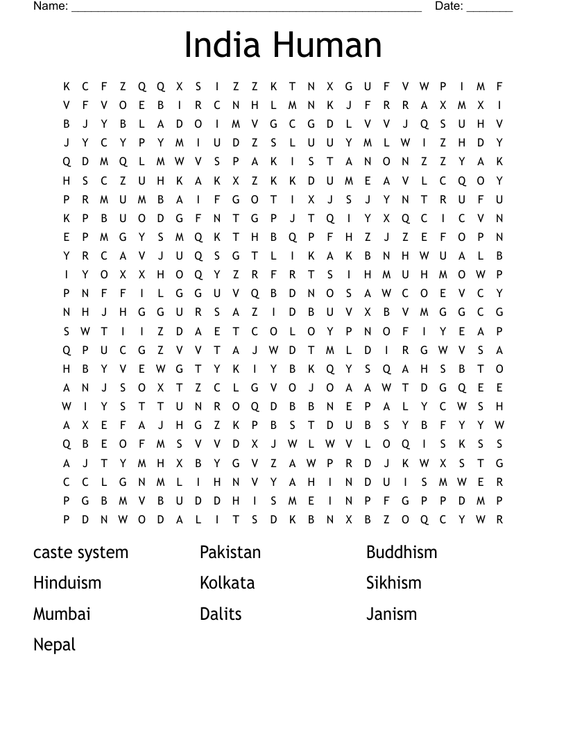 India Human Word Search - WordMint