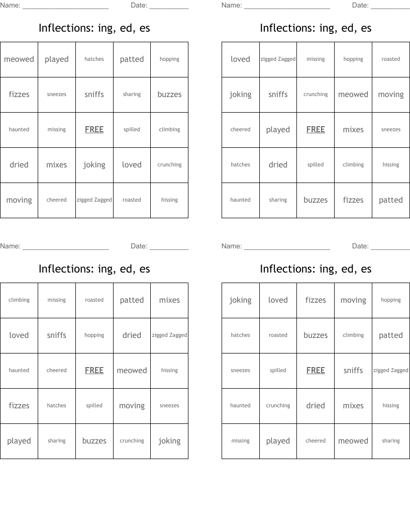 Inflections: ing, ed, es Bingo Cards - WordMint
