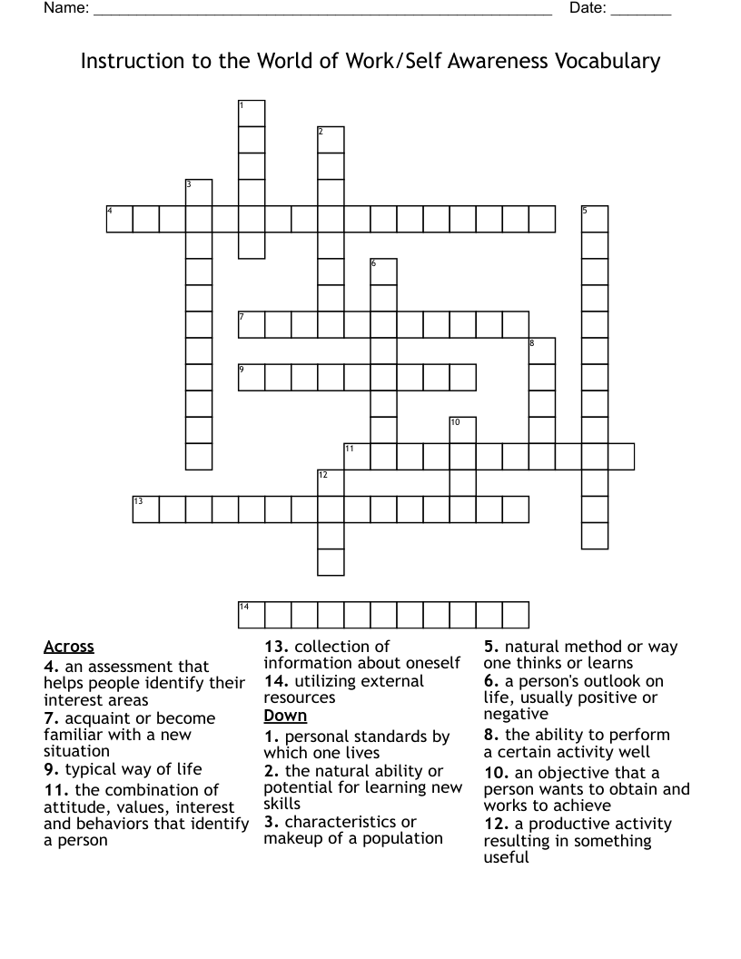 Instruction to the World of Work/Self Awareness Vocabulary Crossword ...