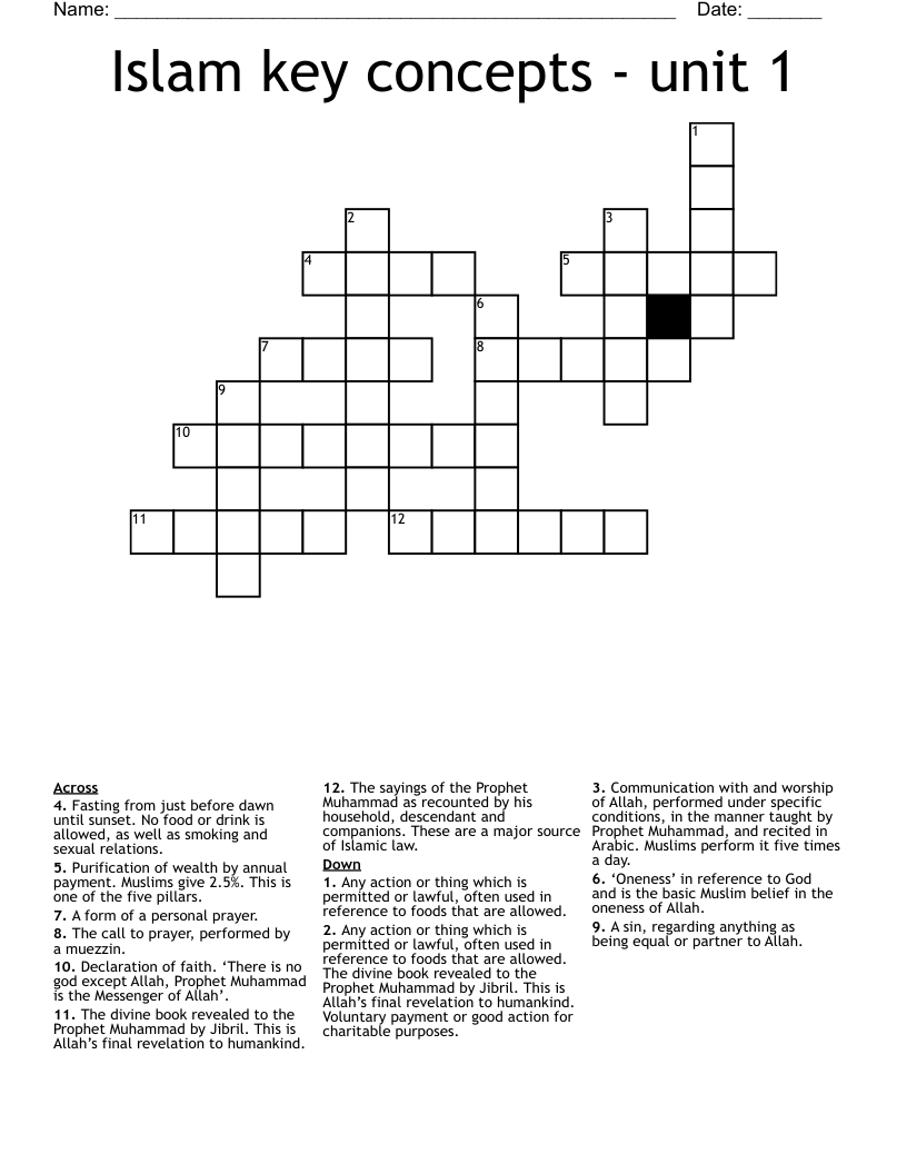 Islam key concepts - unit 1 Crossword - WordMint