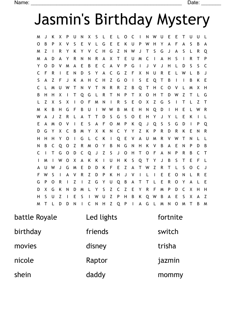 Jasmin's Birthday Mystery Word Search - WordMint