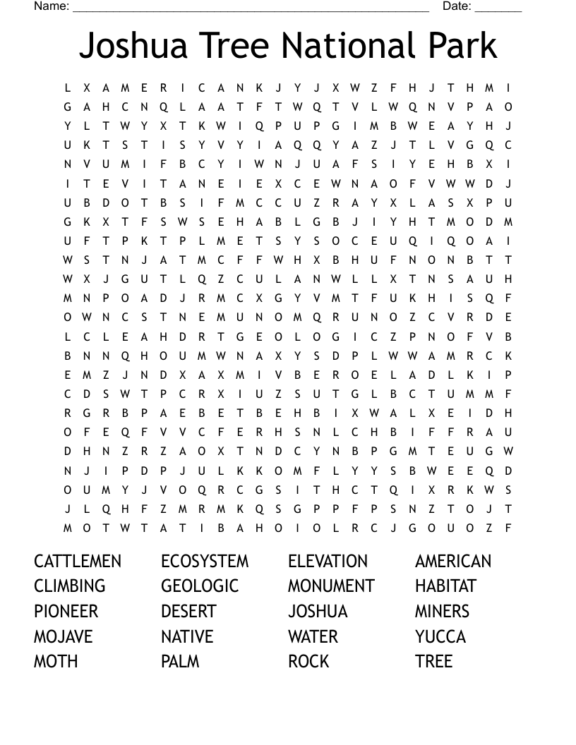 Joshua Tree National Park Word Search - WordMint