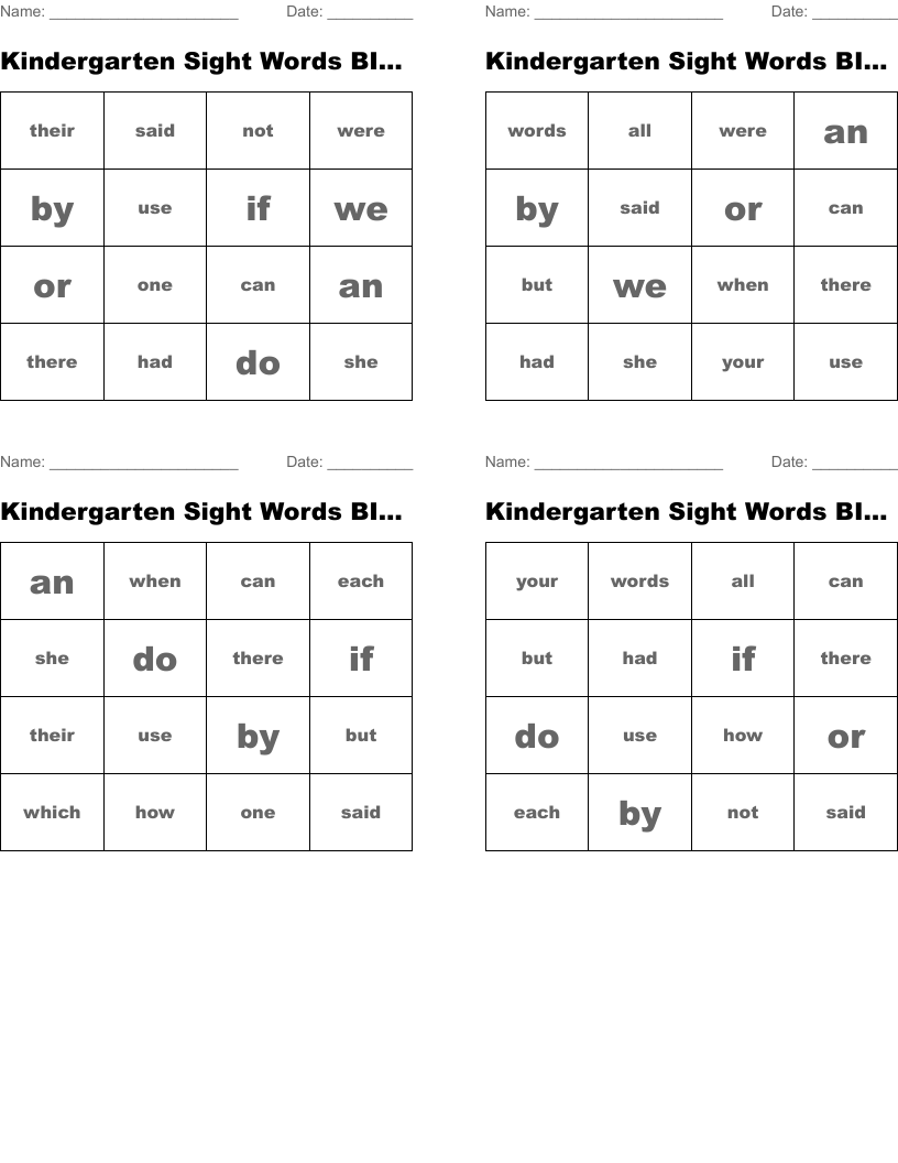 Kindergarten Sight Words BINGO - WordMint