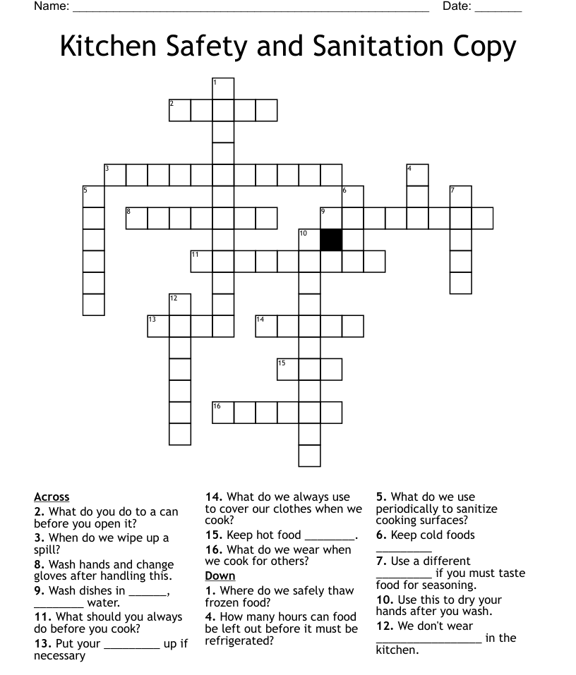 Kitchen Safety And Sanitation Copy Crossword WordMint
