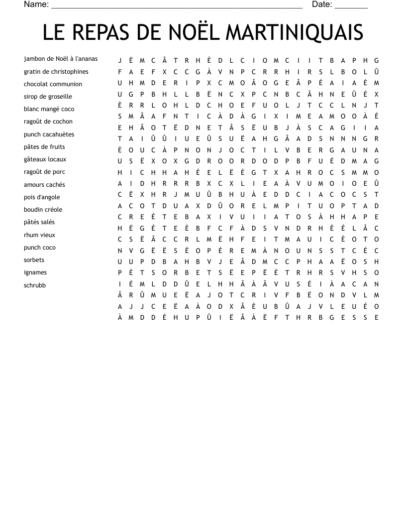 LE REPAS DE NOËL MARTINIQUAIS Word Search - WordMint