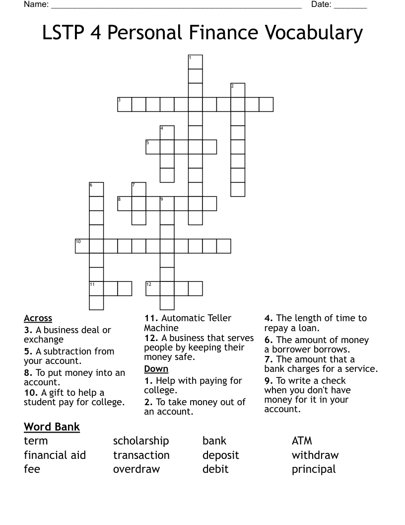 LSTP 4 Personal Finance Vocabulary Crossword WordMint