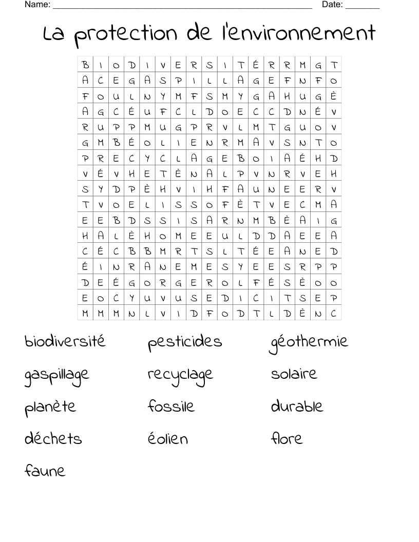 La protection de l'environnement Word Search - WordMint