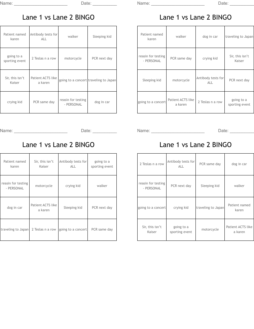 Lane 1 vs Lane 2 BINGO - WordMint