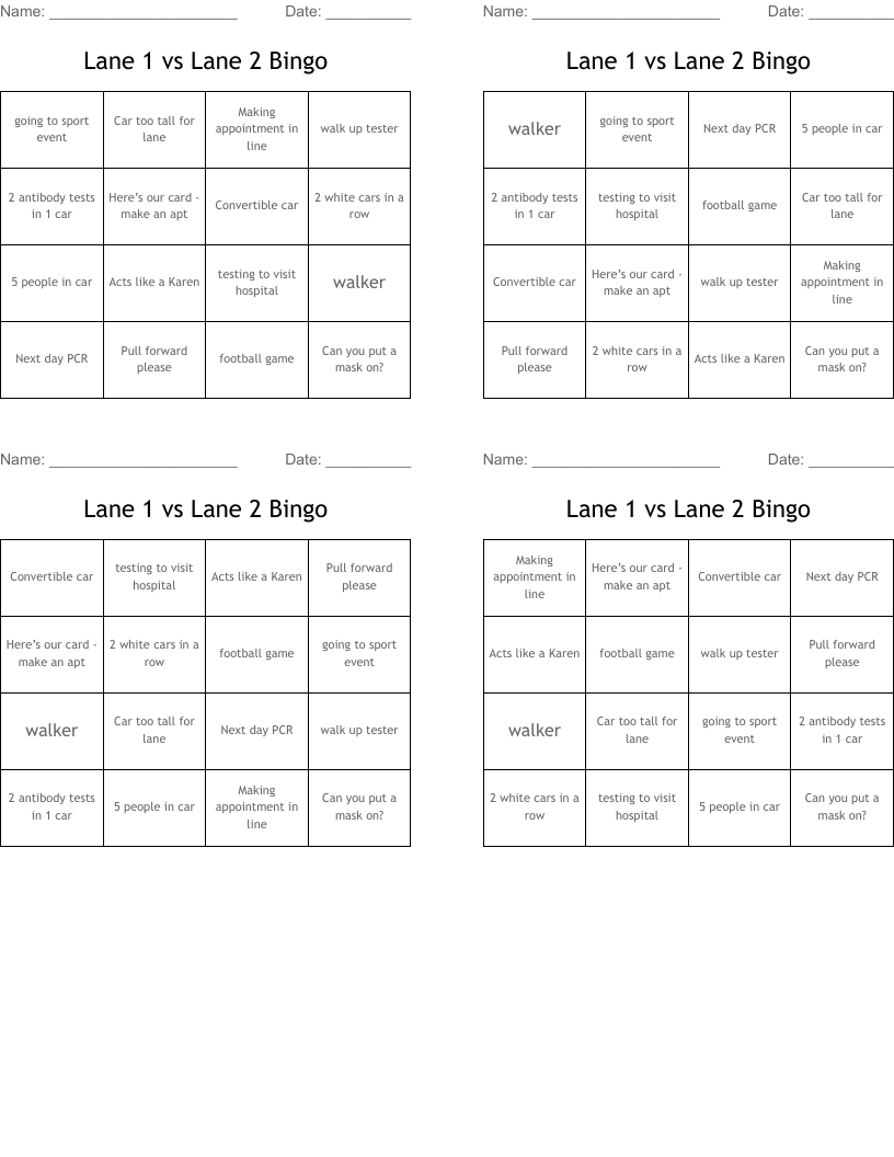 Lane 1 vs Lane 2 Bingo - WordMint