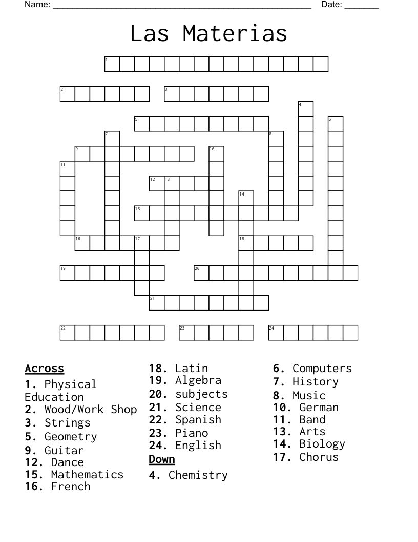 Las Materias Crossword - WordMint