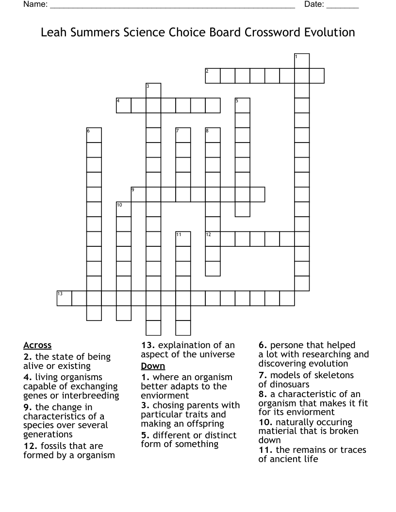 Leah Summers Science Choice Board Crossword Evolution - WordMint