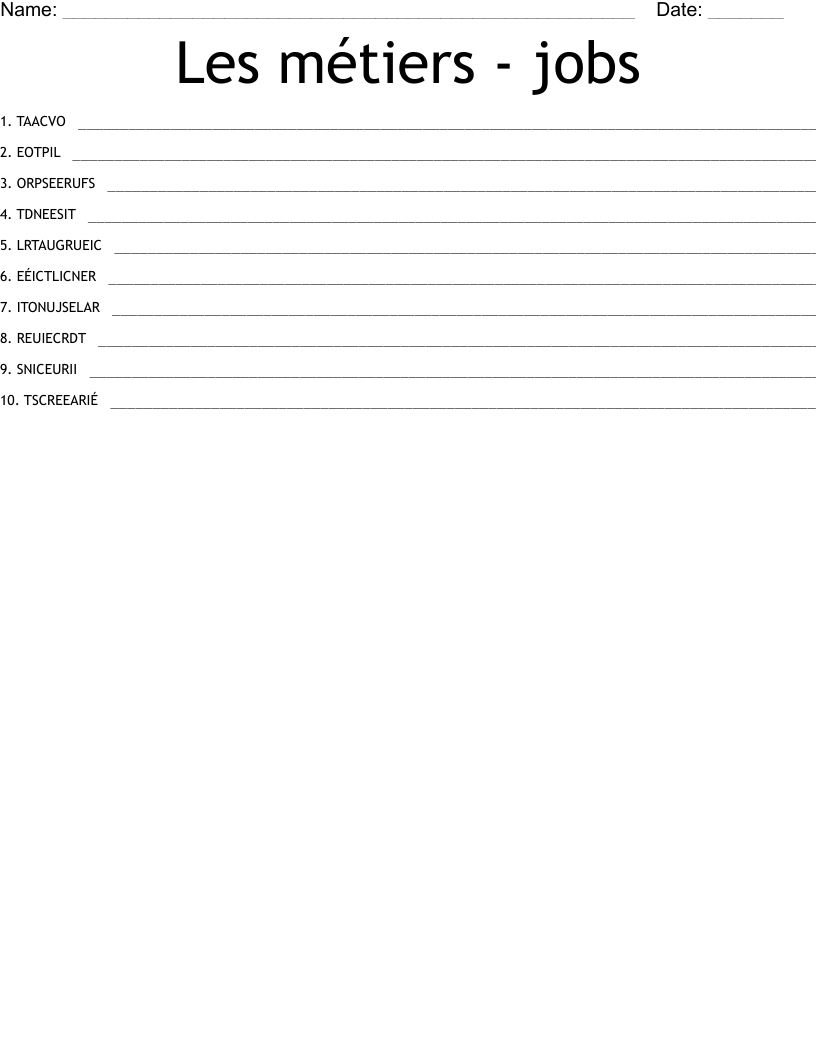 Les métiers - jobs Word Scramble - WordMint