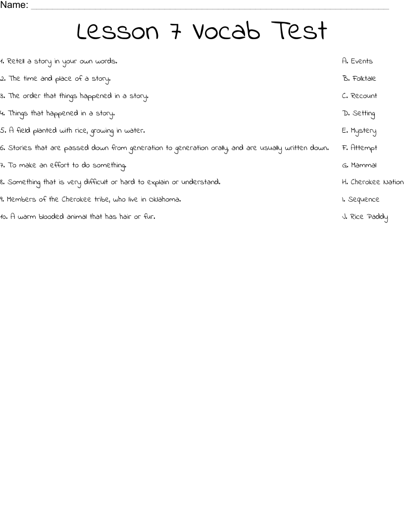 Lesson 7 Vocab Test Worksheet - WordMint